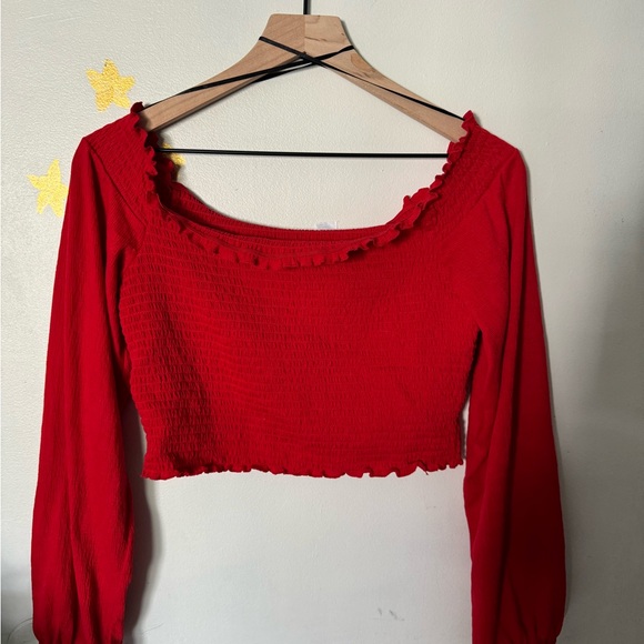 H&M | Tops | Hm Red Smocked Ruffled Crop Blouse | Poshmark